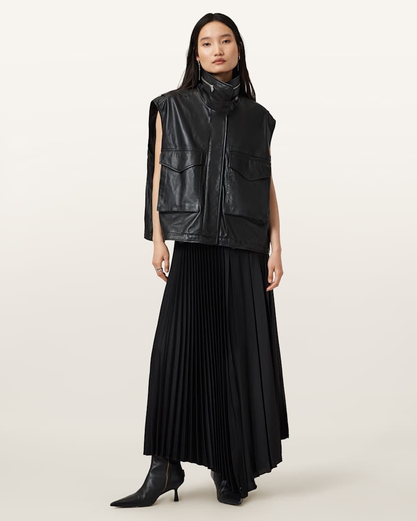 Clay Funnel Neck Leather Gilet Black | ALLSAINTS US